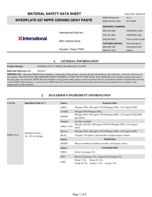 material safety data sheet interplate 937 nippe ceramo gray paste