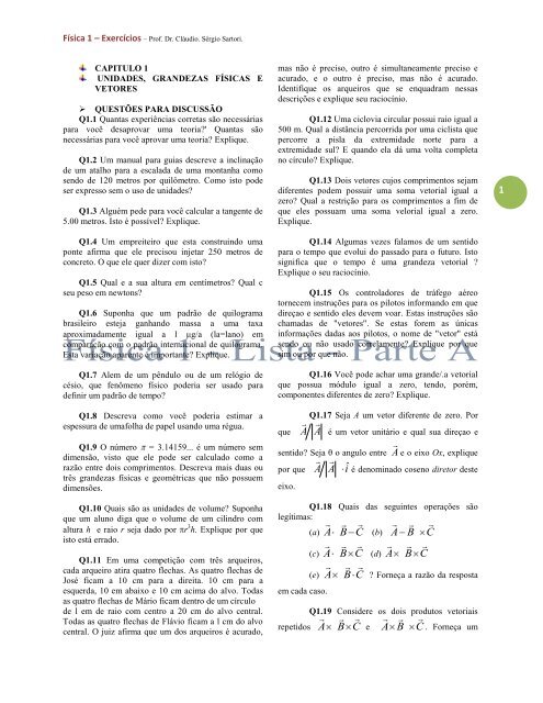 FÃ­sica 1 â ExercÃ­cios â Prof. Dr. ClÃ¡udio. SÃ©rgio Sartori - Centro de ...