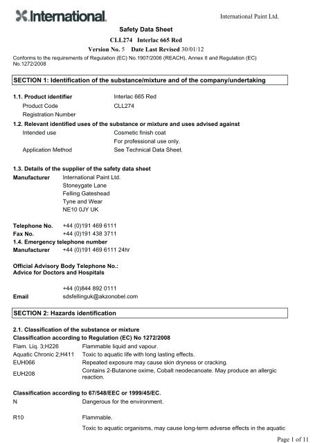 International Paint Ltd. Safety Data Sheet CLL274 Interlac 665 Red ...