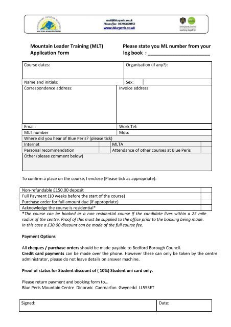 ML Training Booking Form - Blue Peris Mountain Centre
