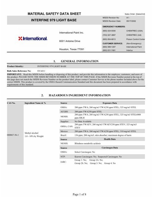 material safety data sheet interfine 979 light base - datasheets.intern...