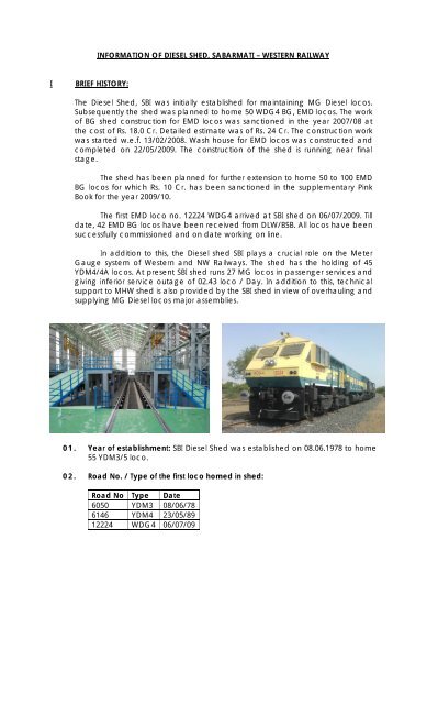 INFORMATION OF DIESEL SHED, SABARMATI ... - Indian Railway
