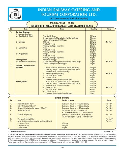 Menu for Meals - Indian Railway