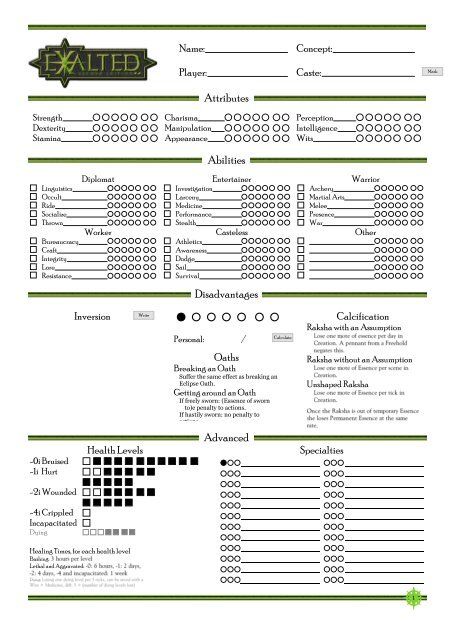The complete character sheet - Standard - Exalted, character sheets