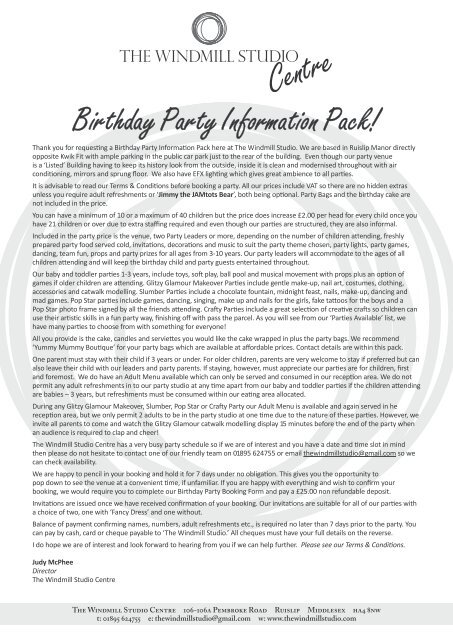Birthday Party Information Pack! - Windmill Studio Centre