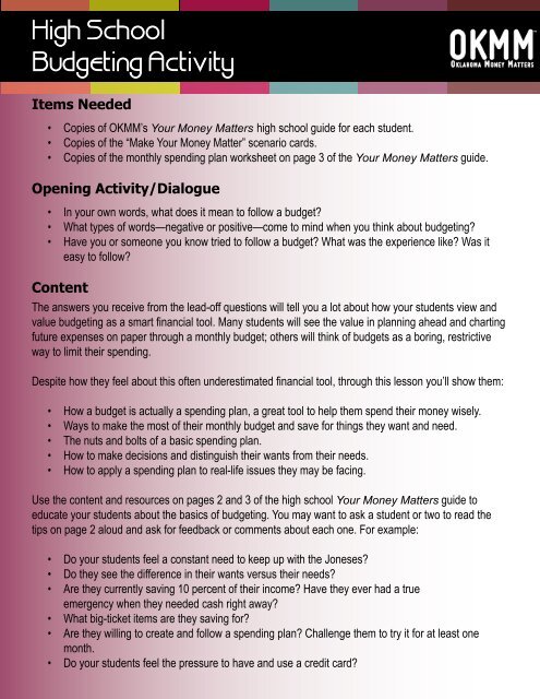 High School Lesson Plan Budgeting Oklahoma Money Matters
