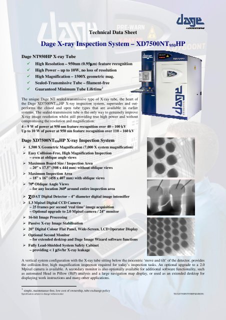 Dage X-ray Inspection System â XD7500NT950HP - Etek Europe Ltd