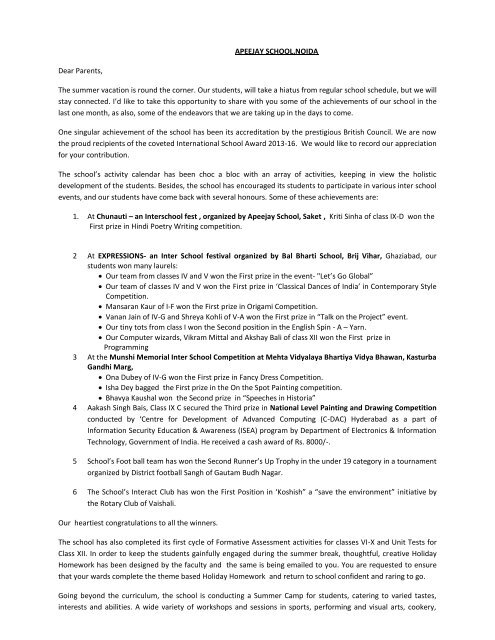 Letter to the Parents- Summer Vacation - Apeejay Education Society