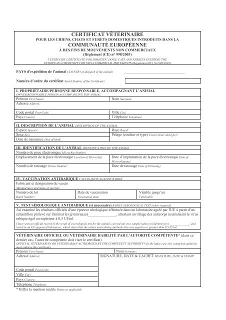 certificat sanitaire exceptionnel pour l`importation temporaire au