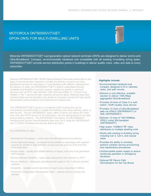 MOTOROLA ONT6000GVT/GET GPON ONTs FOR MULTI ...