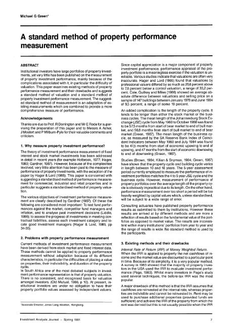 A standard method of property performance measurement