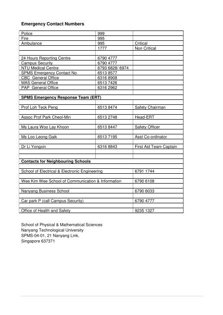 Emergency Contact Numbers - Spms - Nanyang Technological ...
