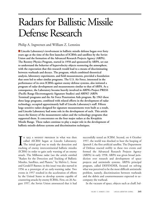Radars for Ballistic Missile Defense Research - MIT Lincoln Laboratory