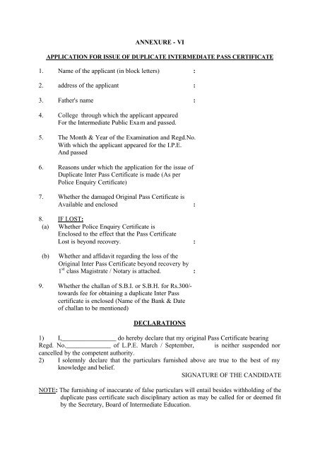 Application for issue of duplicate intermediate pass ... - AP Online