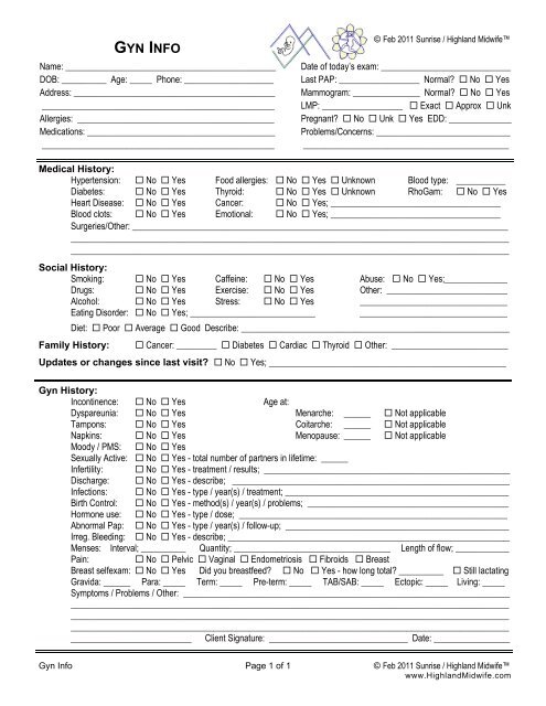 Gyn Info & Gyn Exam Form - Highland Midwife Birth Services