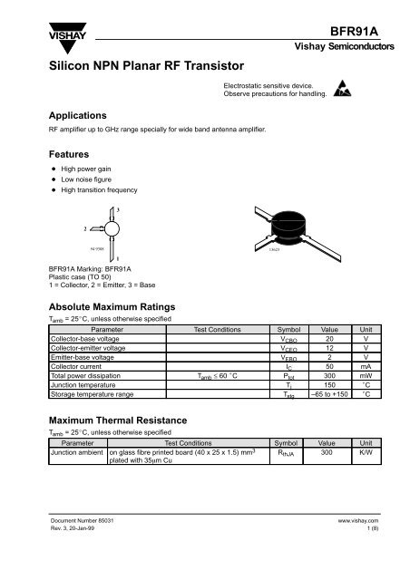 BFR91A Silicon NPN Planar RF Transistor