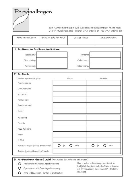 Personalbogen - Evangelisches Schulzentrum Michelbach