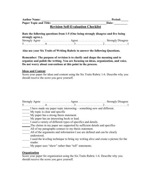 Revision Self-Evaluation Checklist Worksheet.