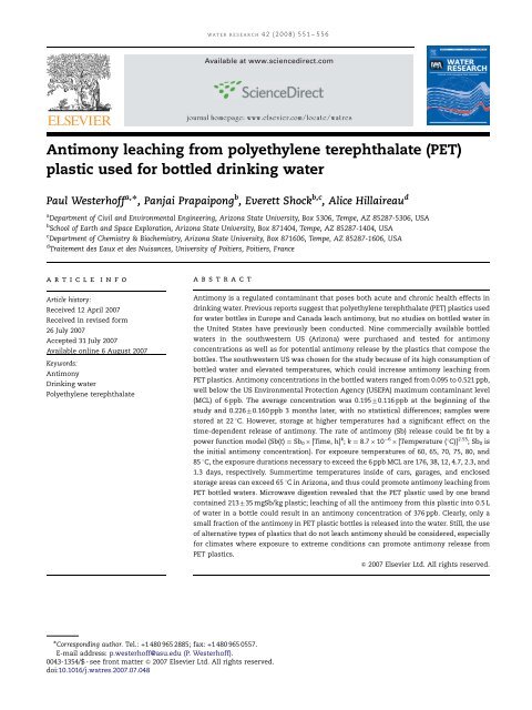 Antimony leaching from polyethylene terephthalate (PET) plastic ...