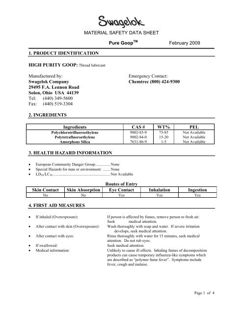 Pure Goop Material Safety Data Sheet, MSDS (MSDS ... - Swagelok