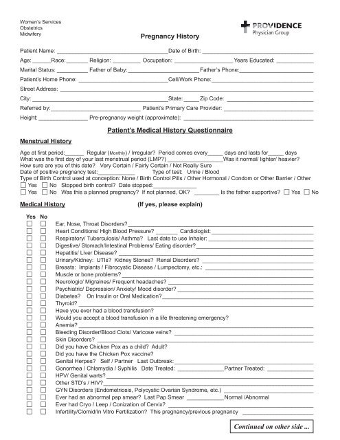 Pregnancy History Patient's Medical History Questionnaire ...