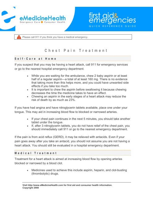 Chest Pain Treatment - First Aid & Emergencies Quick Reference ...
