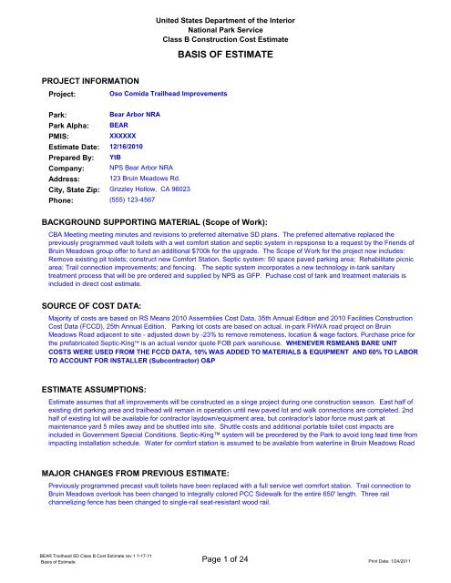 Class B Construction Cost Estimate Sample - National Park Service