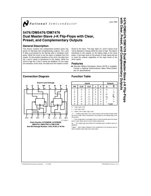 5476/DM5476/DM7476 Dual Master-Slave J-K Flip-Flops with Clear ...
