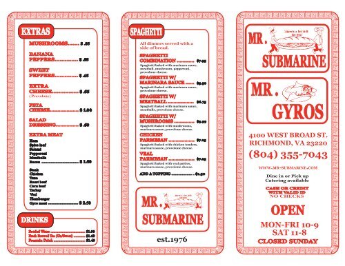 menu - Mr. Submarine