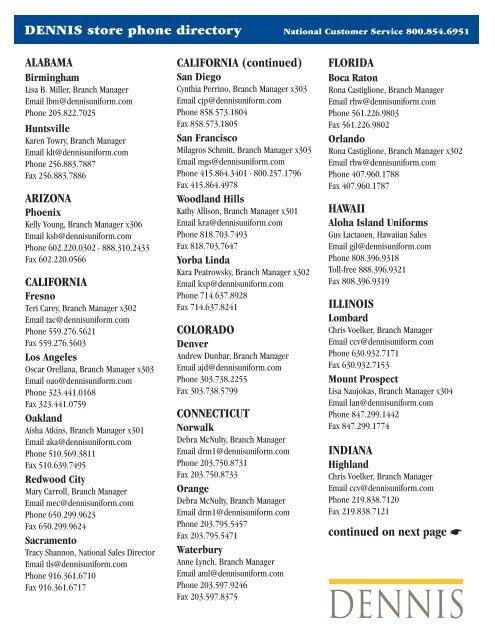 store phone directory & manager contact list - DENNIS Uniform