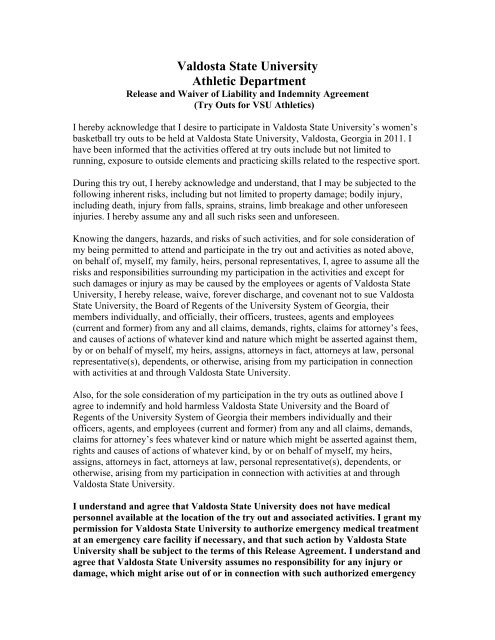 Release and Waiver of Liability and Indemnity Agreement