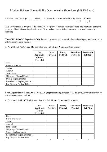 Motion Sickness Susceptibility Questionnaire Short-form (MSSQ-Short)