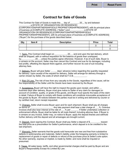 Contract For Sale Of Goods