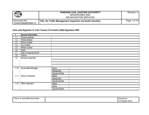atm inspection checklist - Tanzania Civil Aviation Authority