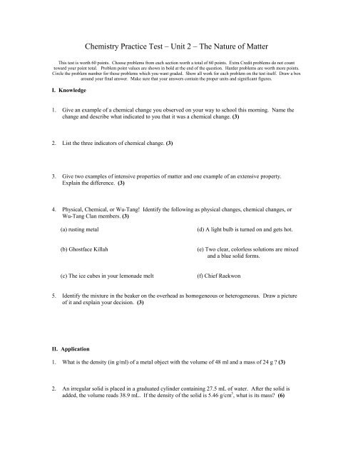 Chemistry Practice Test â Unit 2 â The Nature of Matter