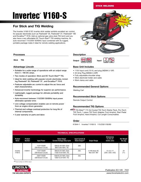 Lincoln Electric Invertec V160 T Users Manual TIG Welders, 52% OFF