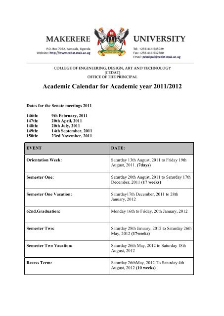Academic Calendar for Academic year 2011/2012