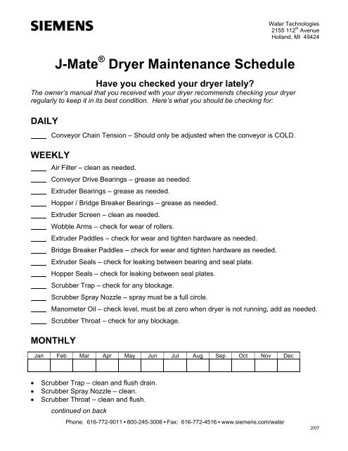 Sludge Dryer Maintenance Checklist - Siemens Water Technologies
