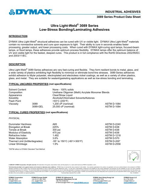DYMAX 3089 Series Industrial Adhesive Product Data Sheet