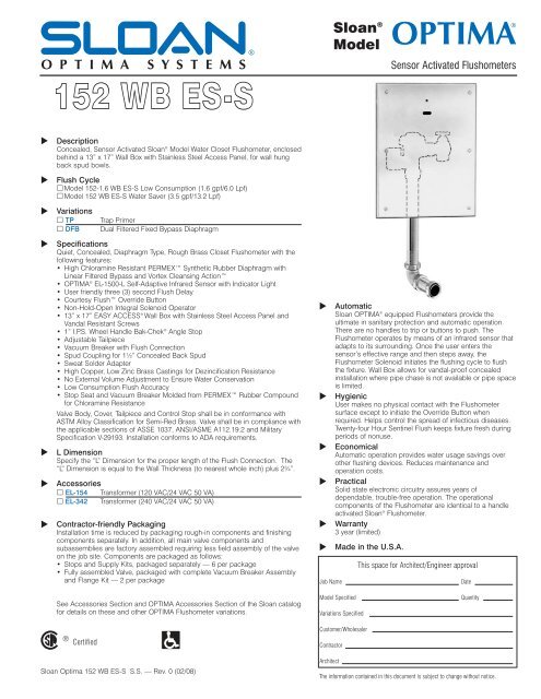 Sloan 152 WB ESS - Sloan Valve Company