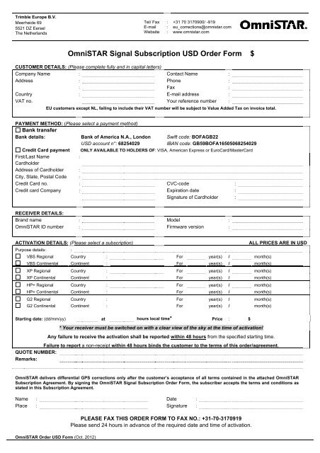 OmniSTAR Signal Subscription USD Order Form