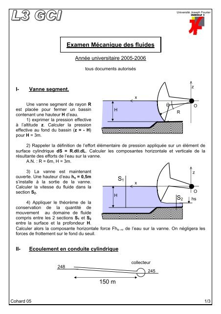 Examen Mécanique des fluides θ S2 S1 150 m - LTHE