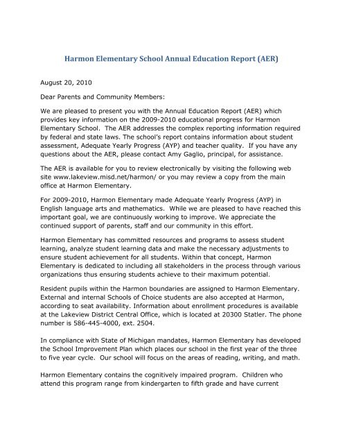 (Sample A District Cover Letter) - Lakeview Public Schools