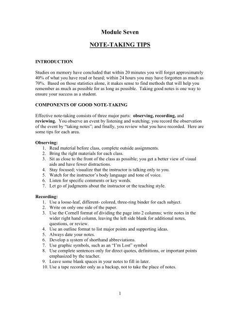 Module Seven NOTE-TAKING TIPS - Austin ISD