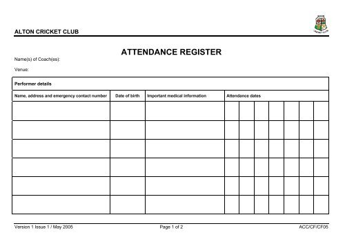 cf05 attendance register - Alton Cricket Club