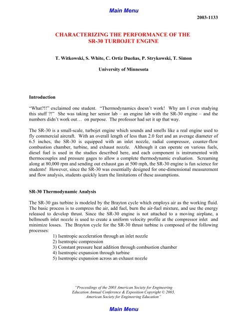 Characterizing the Performance of the SR-30 Turbojet Engine