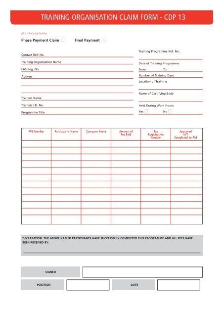 CDP13 Training Organisation Claim Form - FÃ¡s