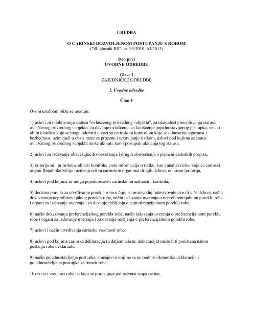 UREDBA O CARINSKI DOZVOLJENOM ... - Uprava carina