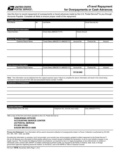PS Form 1018, eTravel Repayment for ... - NALC Branch 78