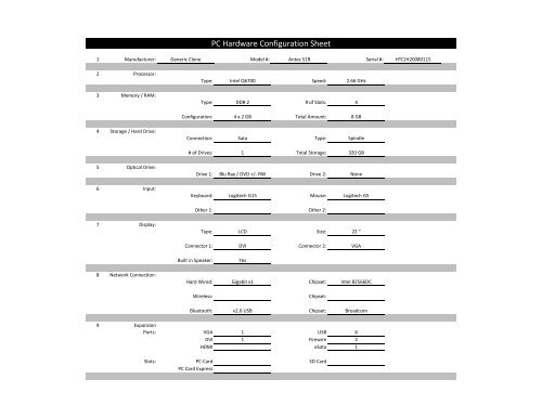PC Hardware Configuration Sheet